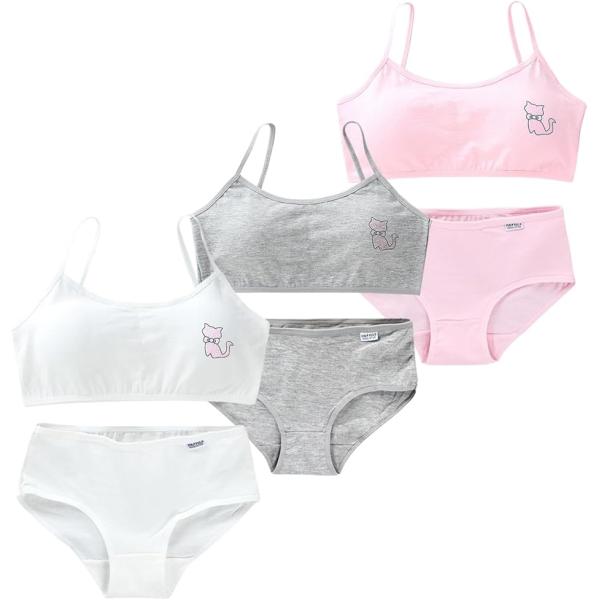 バリエーションコード : 2B9J361JTOおしゃれなデザインのジュニア用ブラジャー＆ショーツの上下を3色セットにしました。シンプルなデザインにカワイイネコのポイントを付けました。取り外し可能なカップ付き。前身ごろが二重になっており、小学...