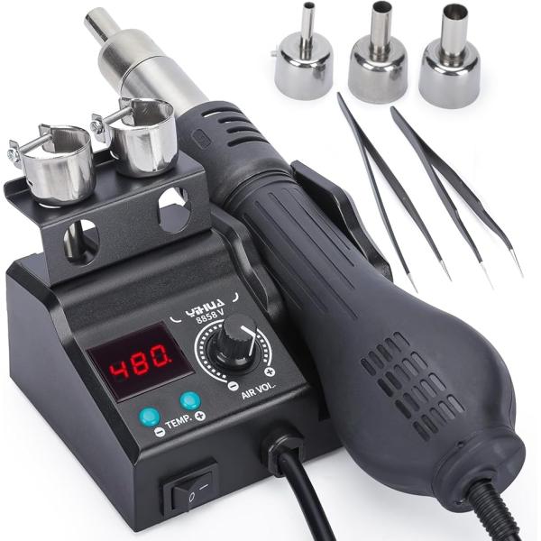 「コンパクトな設計」このステーションは一体型ホットエアホルダーとノズルホルダーを備えた手のひらサイズのメインユニットが特徴で、取り扱いも簡単です。「高速加熱」 8858-Vは強力なヒーターエレメントを搭載し、素早く加熱するため、すぐに作業に...