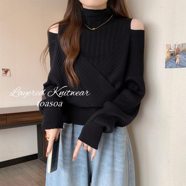 バリエーションコード : 2B9WY4FNR1ノースリハイネックとカシュクールニットをレイヤードしたような 長袖 ニット プルオーバー。オフショルの肌見せで抜け感をプラス。ゆったりとしたデザインは体系カバーにも役立ちます。ベーシックなカラー...