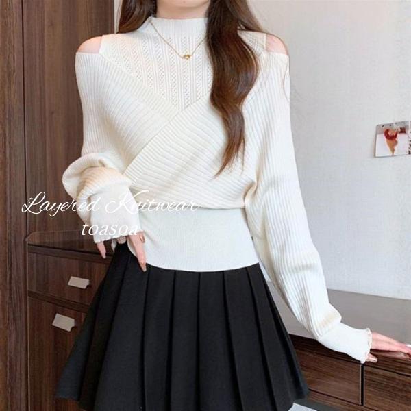 バリエーションコード : 2B9WY4FNR1ノースリハイネックとカシュクールニットをレイヤードしたような 長袖 ニット プルオーバー。オフショルの肌見せで抜け感をプラス。ゆったりとしたデザインは体系カバーにも役立ちます。ベーシックなカラー...