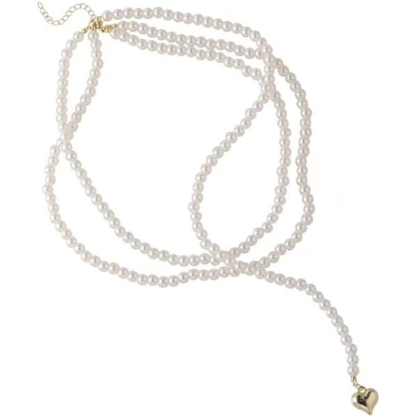 「ネックレス長」：約42cm (+5cm程度の延長チェーン付き）「パール」フェイクパール / パール径：約0.6cm「デザイン」人気の二連パールネックレスに垂れ下がりのパールチェーン付き / 先端にはゴールドのハートチャーム付「スタイル」フ...