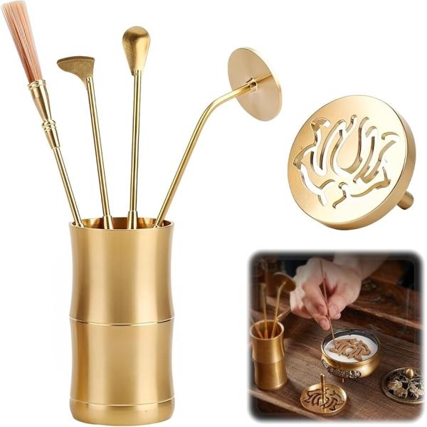 バリエーションコード : 2BJGRSVFLH「手軽に香道をはじめたい方へ」これから香道をはじめたい方へおすすめな６点セット。香型（蓮花）、香匙、灰匙、羽箒、灰押さえ、真鍮筒が各１個付属します。市販の粉末香、香灰を用意するだけで手軽に香道の...