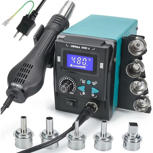 「ノズルを快速に交換」　YIHUA 959D-IIホットエアリワークステーションは、SMDはんだ付けとリワーク用に設計されている機械です。ノズルは熱いままで交換することができ、作業性も向上になりました。「PID付き・温度安定」　PID温度制...