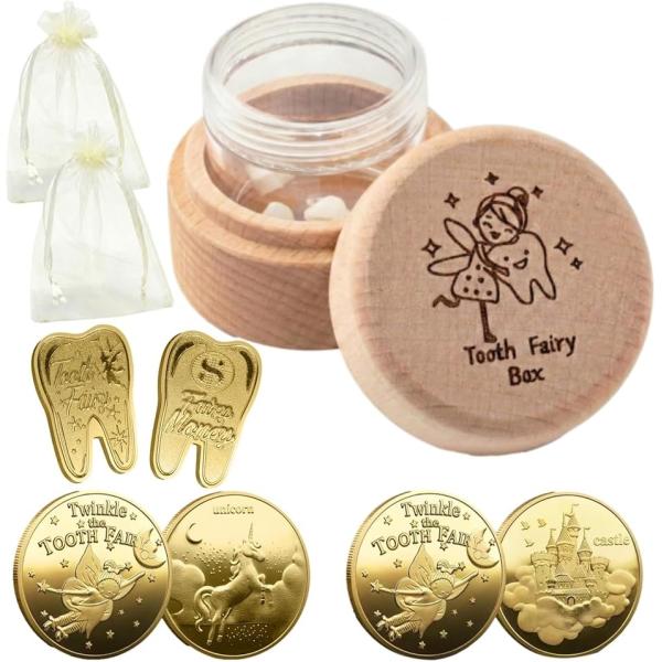 バリエーションコード : 2BR3IC9RQR「成長の記念を魔法の思い出に」 お子様の初めて抜けた歯を大切に保管できる木製乳歯ケースと、欧米の習わしで人気の「歯の妖精」から届くトゥースフェアリーコイン4枚、収納用オーガンジー巾着2枚の豪華フ...