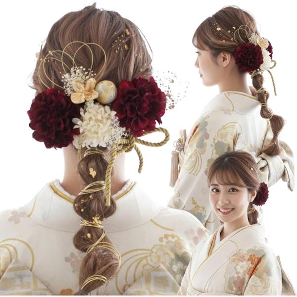 バリエーションコード : 2BUOLV291L「セット内容」 髪飾りセット（メインの花飾り・小花・かすみ草・ゴールドアクセサリーなど）。全てUピン式で、編みおろし・アップ・ハーフアップなど様々なヘアスタイルに対応。パーツごとに自由に配置でき...