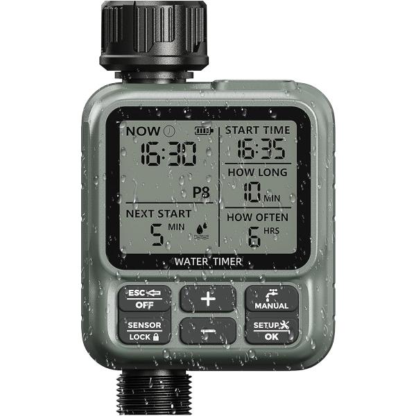 「8つの個別灌漑モード」：このスプリンクラータイマーは、芝生・花壇・野菜畑などエリアごとに最適な散水が可能な最大8つの個別プログラムを設定でき、1秒〜59秒（短時間散水）または1分〜199分（たっぷり散水）まで1秒単位で精密に散水時間を調整...