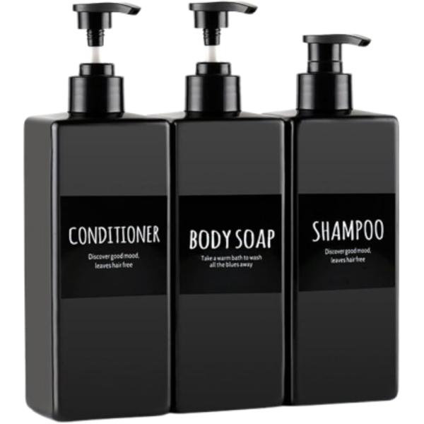 「ブラックで統一感あるシャンプーボトル3本セット（500ml）」 シャンプー・コンディショナー・ボディーソープの詰め替えに最適な、スタイリッシュな3本セットです。「押しやすく使いやすい設計」 広めの押し口で力がいらず、適量をスムーズに出せる...