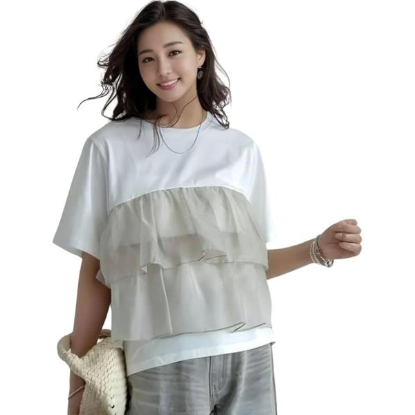 バリエーションコード : 2BU94XNF2Y「エアリーなフリルで魅せる、大人フェミニントップス」 立体的なティアードフリルが目を惹くデザインカットソー。ふんわり軽やかなシルエットで、動くたびに揺れるシフォンが女性らしい優雅さを演出。カジュ...