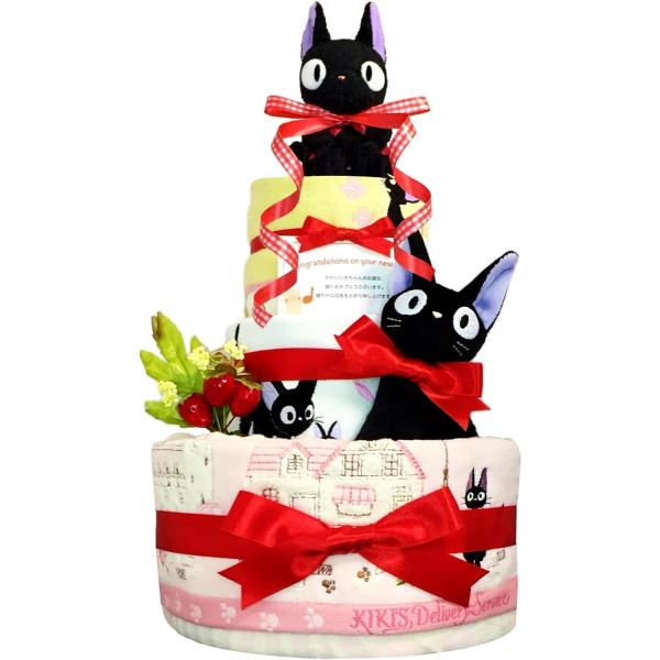 バリエーションコード : 2BUD09F9GJ出産祝いに人気の黒ねこのおむつケーキ：スタジオの愛されキャラクターの黒ねこがデザインされたおむつケーキは、赤ちゃんの出産祝いとして人気が高いです。特に女の子の誕生を祝う出産祝いギフトとしておむつ...