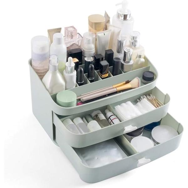 淡パステルカラーの化粧品収納チェストボックスです。スキンケア製品、口紅、マニキュア、アイライナー、ネイルカラー、メイクブラシ、チーク、アイブロウ、スティックファンデーション、美容グッズ、ネックレスや指輪など、その他いろいろな小物、コスメ用品...