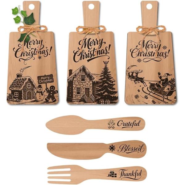 クリスマステーマの木製サイン: このウォールサインは、カッティングボード3枚と食器3枚、合計6枚で構成されています。サンタクロース、トナカイ、雪だるまなどの冬のクリスマステーマが描かれており、簡単にフェスティブな雰囲気を作れます。製品サイズ...