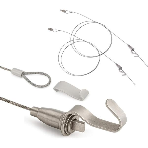 バリエーションコード : 2BU18CI6O1「製品概要」 絵画やハンドメイド作品の展示に欠かせないフック付きのワイヤーです。ピクチャーレールなどに額縁や絵画を簡単に吊り下げることができます。