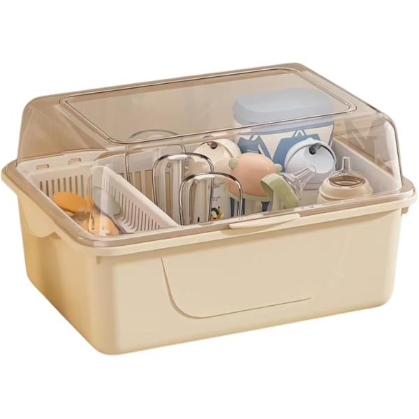 「蓋付きで叶える、ワンランク上の衛生保管」洗浄後の哺乳瓶を、ほこりや気になる虫から守るボックス型の哺乳瓶ラックです。透明な蓋が中身をしっかりガードし、いつでも清潔な状態を保ちます。水切りトレーが乾燥中の水滴を逃さずキャッチするので、キッチン...