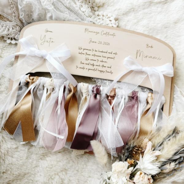 リボンで彩る結婚証明書リボンの太さで、ゲスト様の人数を調節頂けます。お好きなリボンの色・素材で世界に１つだけの結婚証明書になります(^-^*)◆素材◆シナ合板/ＭＤＦ◆注意事項・特記事項・免責事項◆※リボンはセットではありません。※濡らした...