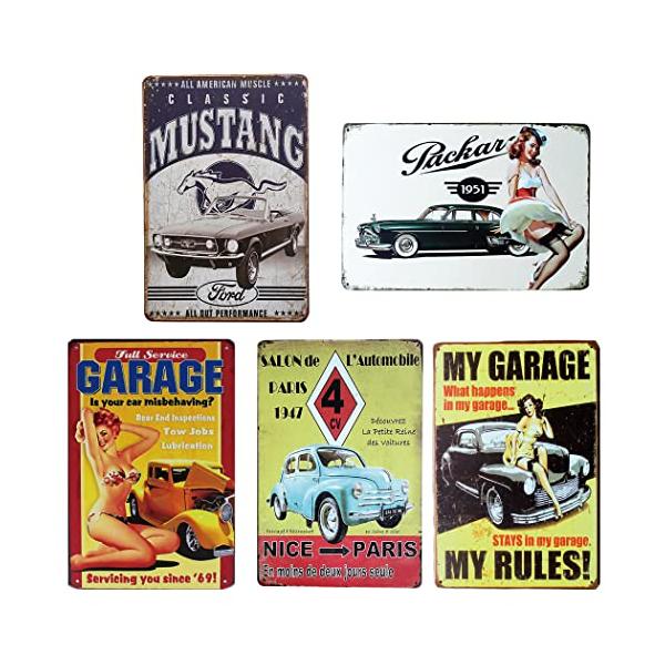 「商品情報」「主な仕様」【サイズ・材質】サイズ：20x30cm 重さ：150g /枚 5枚セット 材質：ブリキ【商品詳細】看板の四隅には丸穴が開いていますのでアンティーク釘やピンで簡単に留めてご利用いただけます。ご自宅のガレージのコンクリー...