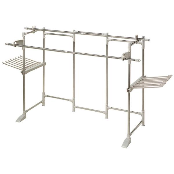 【発売日：2024年02月07日】【商品説明】使用場所や干し物の量に合わせて自由にレイアウト。タオルハンガー16本、専用伸縮竿2本付。真ん中の竿にはふとんが干せます。（高さ約115cm）竿のズレを防ぎ、着脱も簡単なストッパー付き竿受けです。...