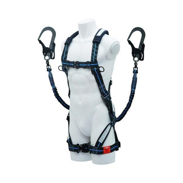 【発売日：2022年06月14日】【商品詳細】●フルハーネスと２丁掛けランヤードのセットです。●ハーネスはＸ型です。●じゃばらランヤードを採用しています。●２ｍ以上の高所作業者。●サイズ：L●色：ハーネス＆ランヤード：黒／青ライン●腿バック...