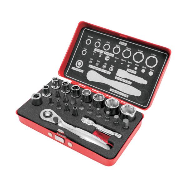 【発売日：2025年05月28日】特長●1/4DRラチェットハンドルと、主要サイズのソケット、ビットなど、24点組み合わせたコンパクトなツールセットです。●ギア数72Tの1/4DRラチェットハンドルは握り易いカーブ形状をしています。●狭い場...