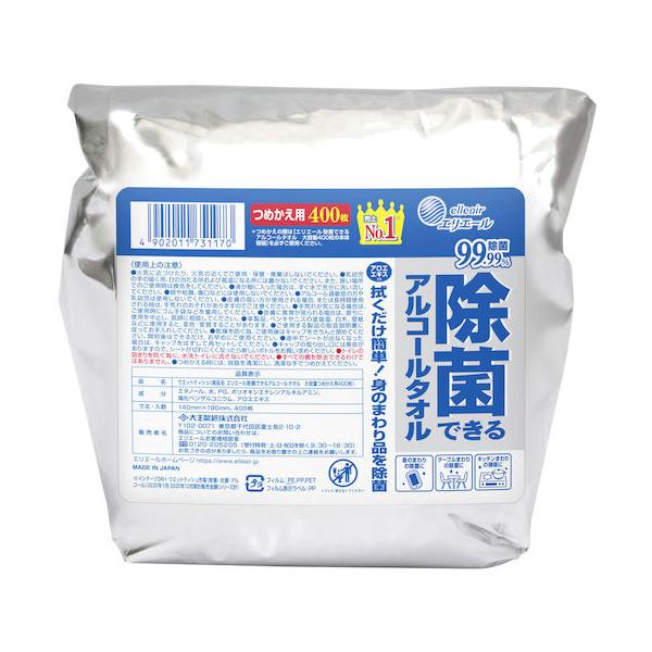 【発売日：2025年05月28日】特長●アルコールを配合したシートで、身のまわり品を拭くだけで簡単に菌を除去します。●高濃度アルコール配合です。●アロエエキス配合です。●たっぷり使える大容量400枚入りです。●経済的なつめかえ用です。用途●...
