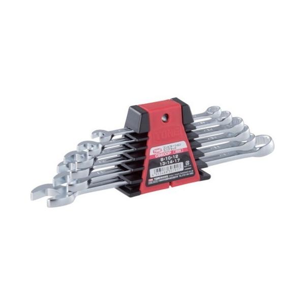 【発売日：2022年06月20日】【商品詳細】●スパナのスピードとめがねレンチの強さを兼ね備えており、仮締めをスパナ側で、本締めはめがね側でというように1本2役の機能工具です。●めがね部の柄の曲がり角度15度です。●セット内容(mm)：8、...