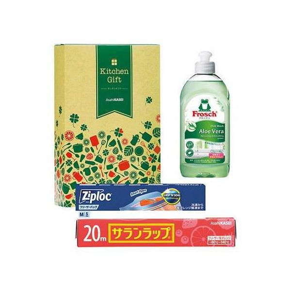 【発売日：2026年05月28日】旭化成キッチンギフト8フロッシュ、サランラップ、ジップロックの便利3点セット。メーカー品番:AKG8内容物:ジップロックフリーザーバッグ(M5枚)・フロッシュ食器用洗剤アロエヴェラ(300ml)・サランラッ...