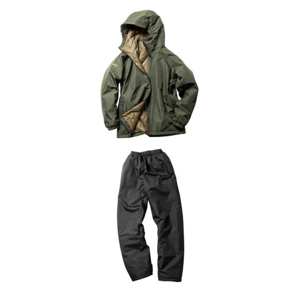 【発売日：2024年12月06日】●軽くて薄くてもしっかり暖かい。●軽くて薄くてもしっかり暖かい中綿入り防水防寒ウェア。●上下セット。●耐水圧10,000mmH2O。●防風。●フードは丸めて収納可能。●襟部分は中綿増量。●右袖蛍光反射プリン...