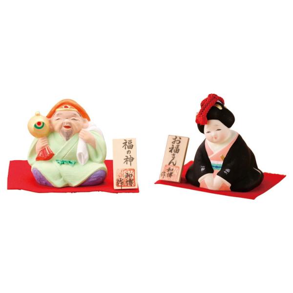 【発売日：2025年11月04日】伝統工芸・博多人形の縁起物「福の神」。福よかな笑みを浮かべた福の神は縁起物のお人形です。博多人形士・嵯峨和博作。福の神（7.5×6×7.5cm）・お福さん（7.5×7.3×9cm）×各1陶器