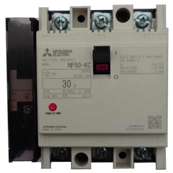 製品説明：分電盤用遮断器・制御盤用遮断器品番：NF50-KC 3P 30A W*AL-1LS；SLT形名：NF50-KC極数：3定格電流：30A最大適用電圧(AC)：AC100/200V専用縦形リード線端子台：ねじ端子（SLT)付属装置つき...