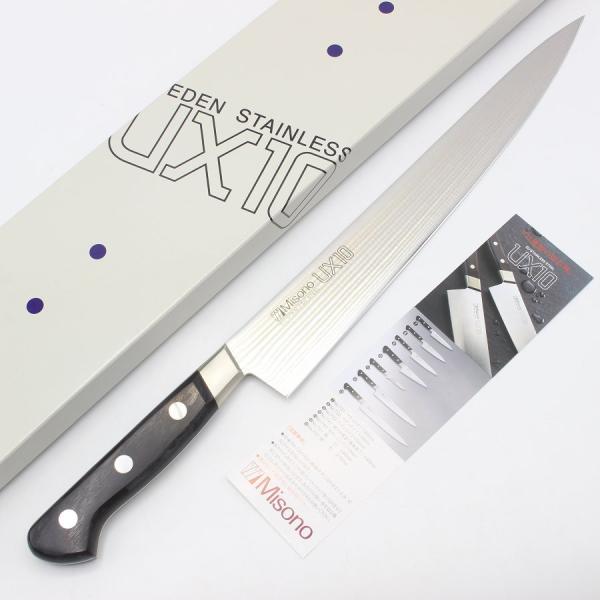 【新品】ミソノ UX10 筋引包丁 No.722 九寸 鍔付柄 刃渡り約270mm 洋包丁 Misono■商品情報・刃渡り：約270mm（切っ先から刃元まで）・刃幅：約40mm（最大）・刃の厚み：約2mm（最大）・重量：約190g※当店が採...