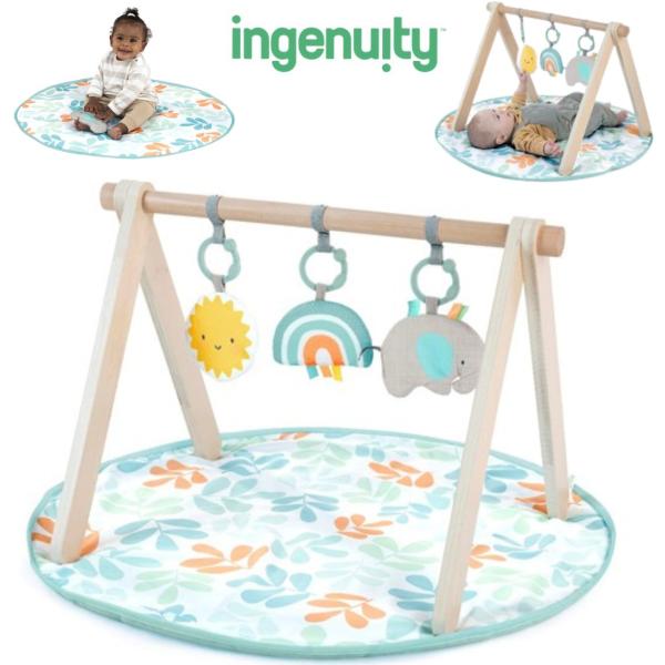 対象年齢 0ヵ月〜●折りたたみ式のAフレーム木製トイバーは、収納も持ち運びも簡単。●トイバーには、チャイムの鳴る虹のおもちゃ、カラフルなタグ付きのぞうのおもちゃ、ミラー付きの太陽のおもちゃが付属。●トイバーから取り外して、Cリングでベビーカ...