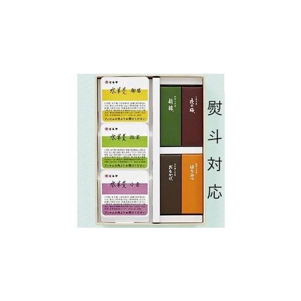 「商品情報」「主な仕様」【商品名】羊羹・水羊羹詰合せA小形羊羹「夜の梅」「おもかげ」「新緑」「はちみつ」各1点と、水羊羹「御膳（こし餡）」「小倉」「抹茶」各1点を詰め合わせました。※熨斗（のし）対応致します。熨斗選択無しの場合は熨斗無しでお...
