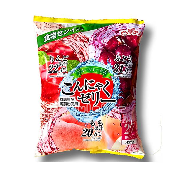 すべてのこんにゃくゼリーファンの皆様へ！フルーツミックス、アソートタイプ！安心・安全、群馬県産こんにゃく粉使用。水溶性食物繊維入り。※りんご果汁22.4%、ぶどう果汁31.0%、もも果汁20.8%。おいしく食べてゴミも少ない新感覚ピロー包装。