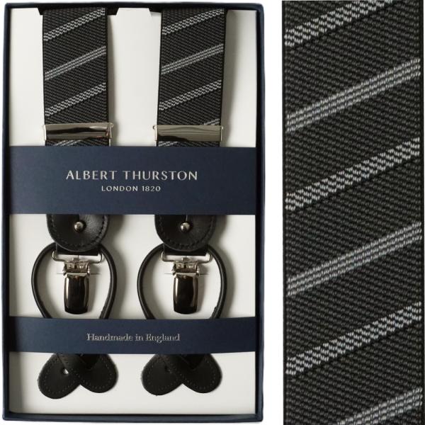 サスペンダーのトップブランド ALBERT THURSTON アルバートサーストンのY型サスペンダー、ズボン吊りです。サーストンのサスペンダーは180年以上の英国の伝統的なクラフトマンシップに支えられた最高級のサスペンダー（ブレイシス）で、...
