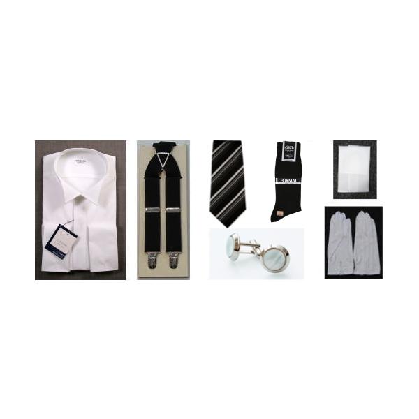モーニングコートとコーディネイトするお買い得の７点セットです。セット内容　１）ウイングカラーシャツ(ワイシャツ）　２）モーニングコート用ネクタイ　３）カフスボタン　４）サスペンダー　５）モーニングコート用靴下　６）ポケットチーフ　７）白手袋...