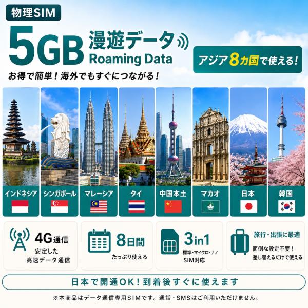 ★アジア旅行出張観光最安値のデータ通信SIMカードです！アジア太平洋 8か国地域 周遊 SIMカード 4G/LTE 5GB/8日 インドネシア シンガポール マレーシア タイ 中国本土 マカオ 日本 韓国 シムカード 旅行 出張 観光＜製品...