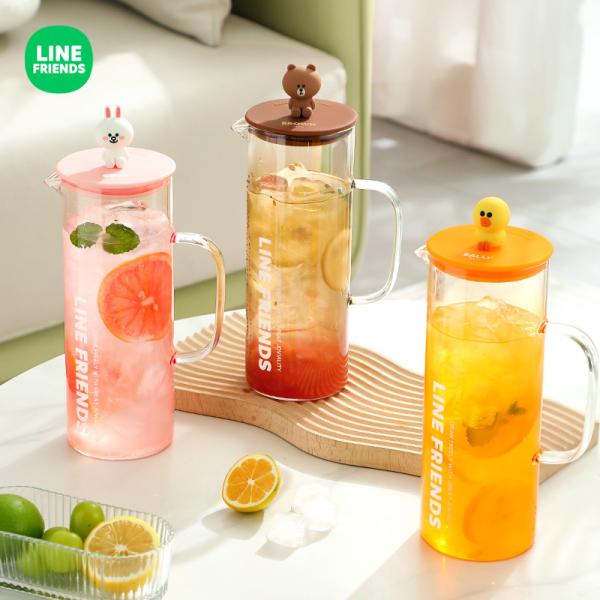 LINE FRIENDS 公式グッズ ガラスピッチャー 1.3L 大容量 BROWN CONY SALLY ブラウン コニー サリー 蓋(ふた)付き かわいい 1.3リットル スクエアサーバー ガラス水差し日本未発売 LINE FRIEND...