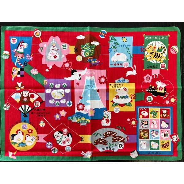 干支モチーフのすごろくです。縁起物をちりばめており、遊びながら福を呼び込みましょう！風呂敷なので遊んだ後も、お菓子などを包んだりでき、とても実用的です！≪素材/サイズ≫・約40×45cm・綿 100％　日本製※サイコロ付きです。お子様が遊ば...