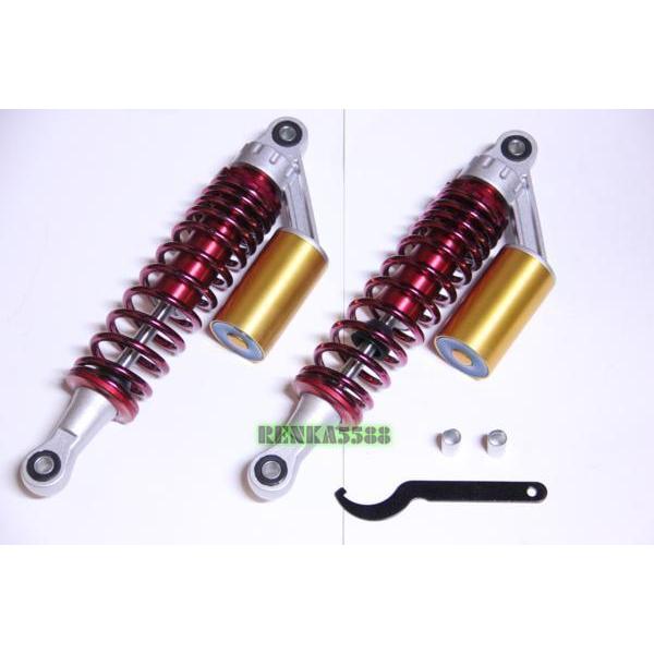 ■商品番号FAN-142■商品概要商品内容 :オイル　封入式　リアサスペション　リアショック　330 金/赤適合車種 :汎用       本体全長約370ｍｍ、取り付けカラー中心/上下間約330ｍｍ、　　　　 スプリング部の最大幅約60ｍｍ...