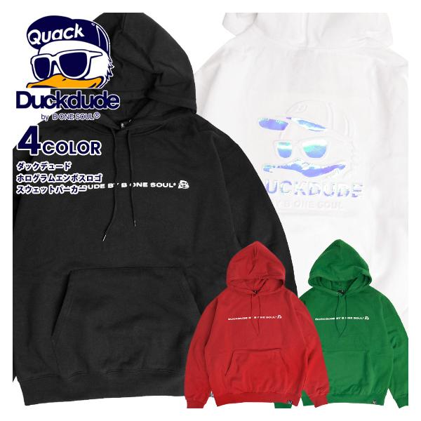 商品番号PKL-424商品名 DUCK DUDE ホログラム エンボスロゴ スウェットパーカー商品説明　DUCKDUDE by B-ONE-SOULのスウェットパーカー。エンボス加工で立体的にデザインされたダックデュードのアヒルロゴと、オー...