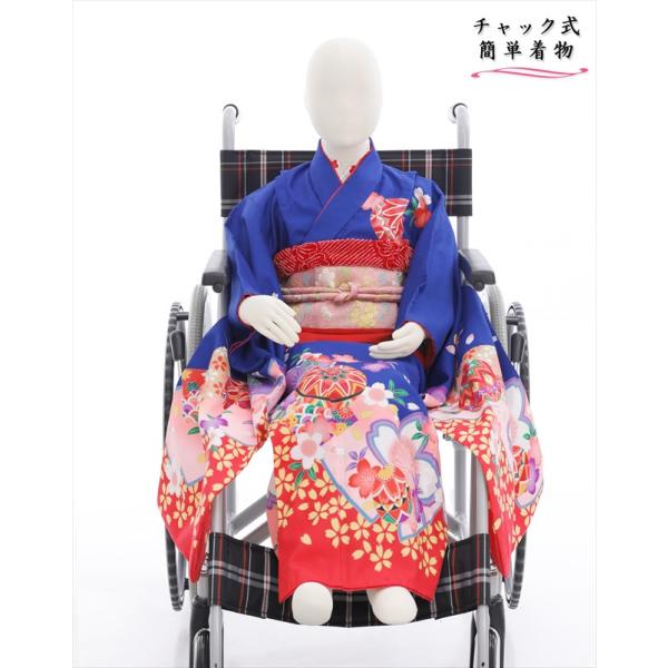 車椅子 7歳 女の子 七五三 感動楽チャック着物 czj7004 紺地に慶びの桜華吉祥鞠【身長】身長…119cm〜129cm位【素　材】表地：高級ポリエステル/裏地：ポリエステル【レンタル内容】着物（襦袢付）、結び帯、帯揚げ、帯〆、しごき、...