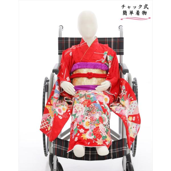 車椅子 7歳 女の子 七五三 感動楽チャック着物 czj7005 赤地に慶び熨斗彩華と御所車【身長】身長…119cm〜129cm位【素　材】表地：高級ポリエステル/裏地：ポリエステル【レンタル内容】着物（襦袢付）、結び帯、帯揚げ、帯〆、しご...