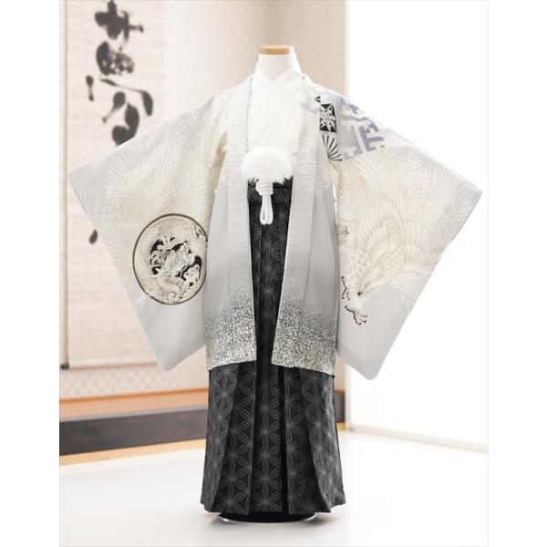 10歳 男の子 ジュニア 羽織袴レンタル d1103  男の子 フルセット 子供袴 着物レンタル ９歳〜１２歳 小学生 1/2成人式 卒業式 結婚式 イベント 発表会「ジャパンスタイル」 ライトグレー慶祥飛翔鷹【サイズ】身長…135cm〜1...