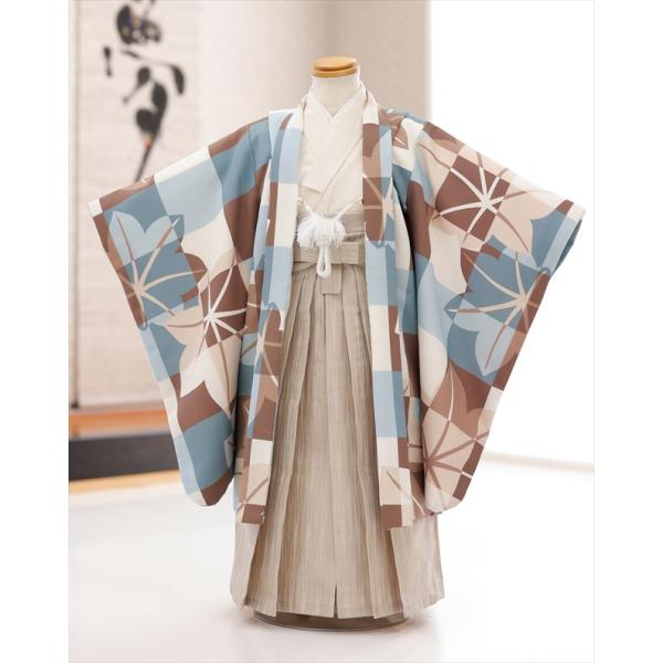 5歳 男の子 七五三レンタル 着物レンタル d4308 753セット ３歳 ４歳 貸衣装 人気 子供着物 七草祝い 卒園式 往復送料無料「花わらべ」ブランド 茶×水色に吉祥モダン市松【サイズ】身長…100cm〜110cm位【素　材】表地：上...