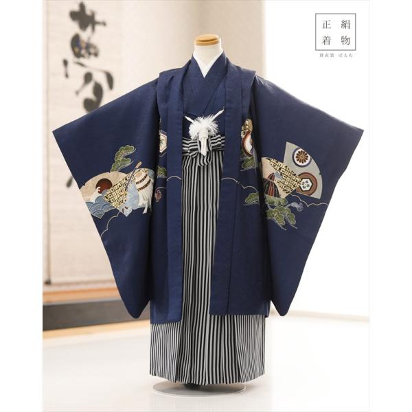 5歳 男の子 最高級 プレミアム 正絹 着物レンタル 七五三 d4400 「100cm〜110cm」【絹の着物】３歳 ４歳 ５歳 貸衣装 人気 753 子供着物 七草祝い 卒園式 往復送料無料 群青に吉祥龍兜に飛翔鷹【サイズ】身長…100c...