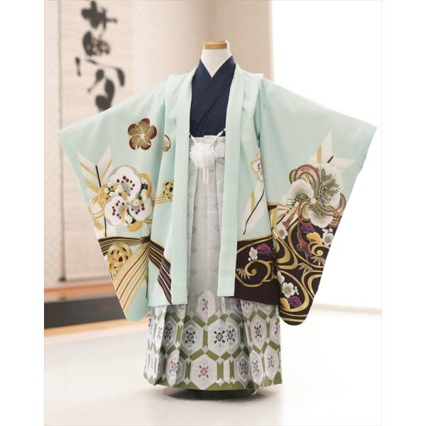【品　番】d5657 「しゃれっこ」ブランド くすみ蒼碧に吉祥流水古典柄 /5歳男の子着物レンタル【サイズ】身長…108cm〜120cm位【素　材】表地：高級ポリエステル/裏地：ポリエステル【レンタル内容】  羽織、着物、長襦袢、袴、角帯、...