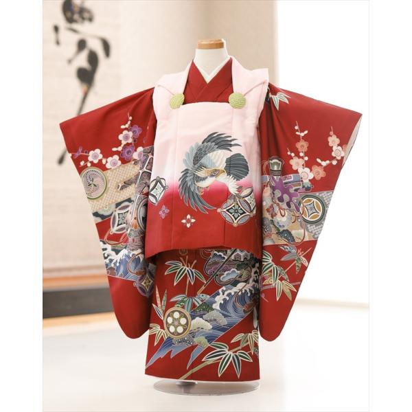 ３歳 男の子 七五三 レンタル df199 着物レンタル 被布セット レンタル七五三 753レンタル 男 貸衣装 被布 子供着物 三歳 人気 フォトブック 2024 往復送料無料 「陽気な天使」ブランド 赤地に古典縁起模様と飛翔鷹【サイズ】...