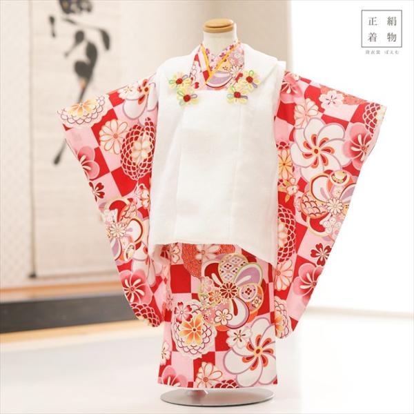 ３歳 女の子 正絹 高級着物 七五三レンタル f1602 女児被布セット 着物レンタル 753 プレミアム七五三 かわいい 被布 貸衣装 絹のお着物 ３才 結婚式 子供着物 人気 往復送料無料 「陽気な天使」ブランド 赤×ピンク市松に慶び祝...