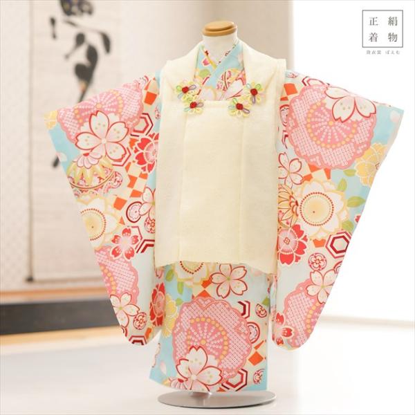 ３歳 女の子 正絹 高級着物 七五三レンタル f1603 女児被布セット 着物レンタル 753 プレミアム七五三 かわいい 被布 貸衣装 絹のお着物 ３才 結婚式 子供着物 人気 往復送料無料 「陽気な天使」ブランド 水色にかわいい古典慶華...