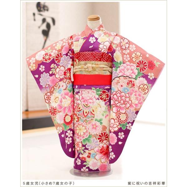 ５歳女の子 小さめ７歳 七五三レンタル　紫に祝いの吉祥彩華 j5031【5歳女児/女の子七五三セット】〔フルセット〕《レンタル七五三》《753》〔子供着物〕〔五歳〕〔６歳〕〔七歳〕〔人気〕〔七草〕【サイズ】身長…105cm〜118cm位【素...