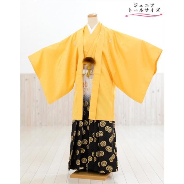 身長高め 小学校卒業式 ジュニア紋付袴レンタル 男 jbmo068-4【フルセット】大きめ12歳前後 小学生 羽織袴 男性着物 貸衣装 kimono イベント 和服 往復送料無料 スマートイエロー×黒金亀甲袴【サイズ】身長…158cm〜16...